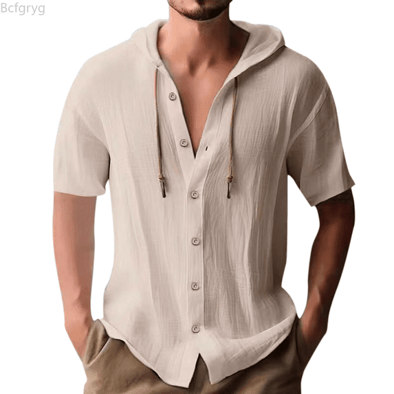 Bcfgryg Male Short Sleeve Shirt Summer Casual Button Hooded Hawaii ...
