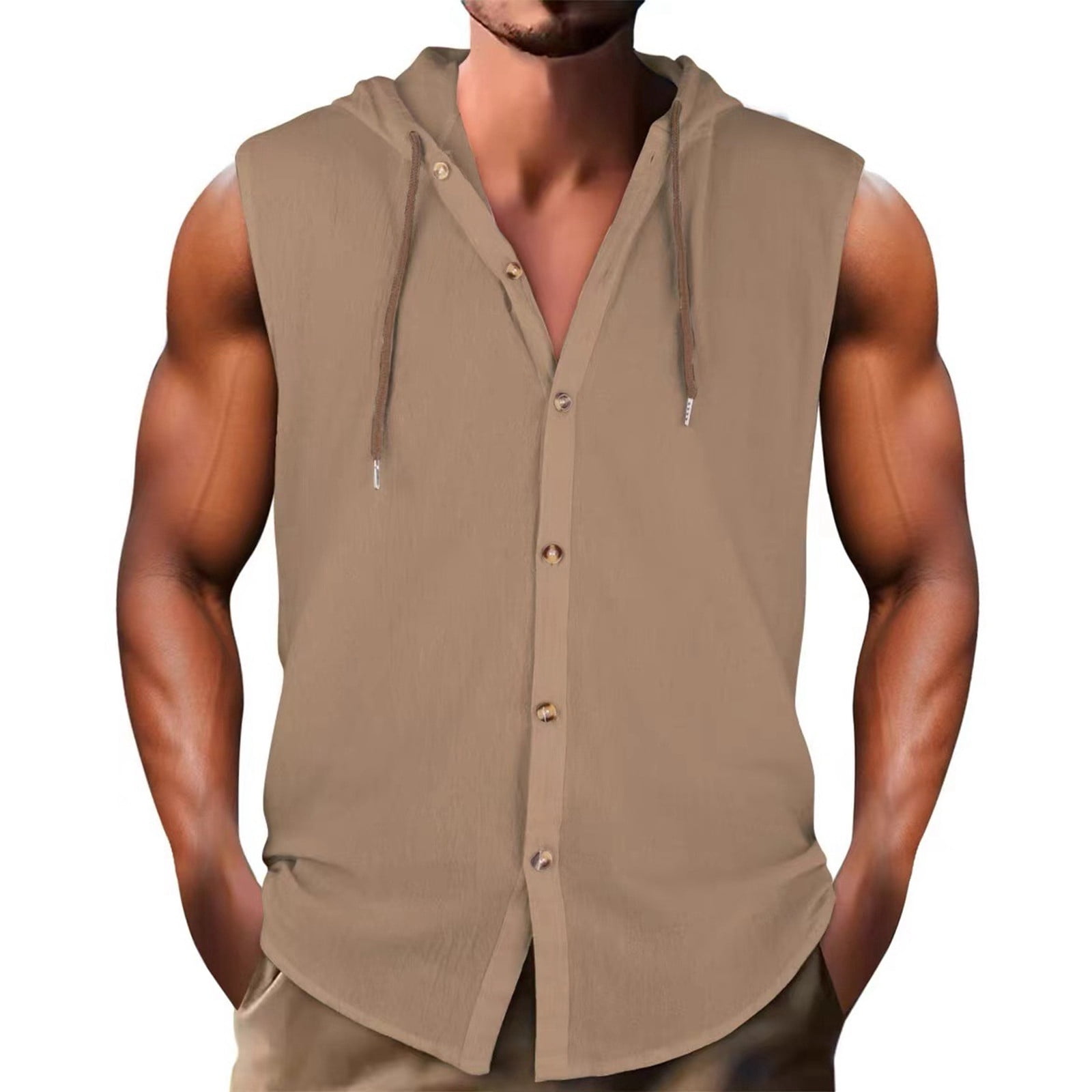 Bcfgryg Male Sleeveless Shirt Summer Casual Button Hooded Hawaii ...