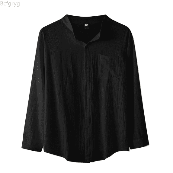 Bcfgryg Male Stand Collar Casual Solid Long Sleeve Pocket Shirt Single ...