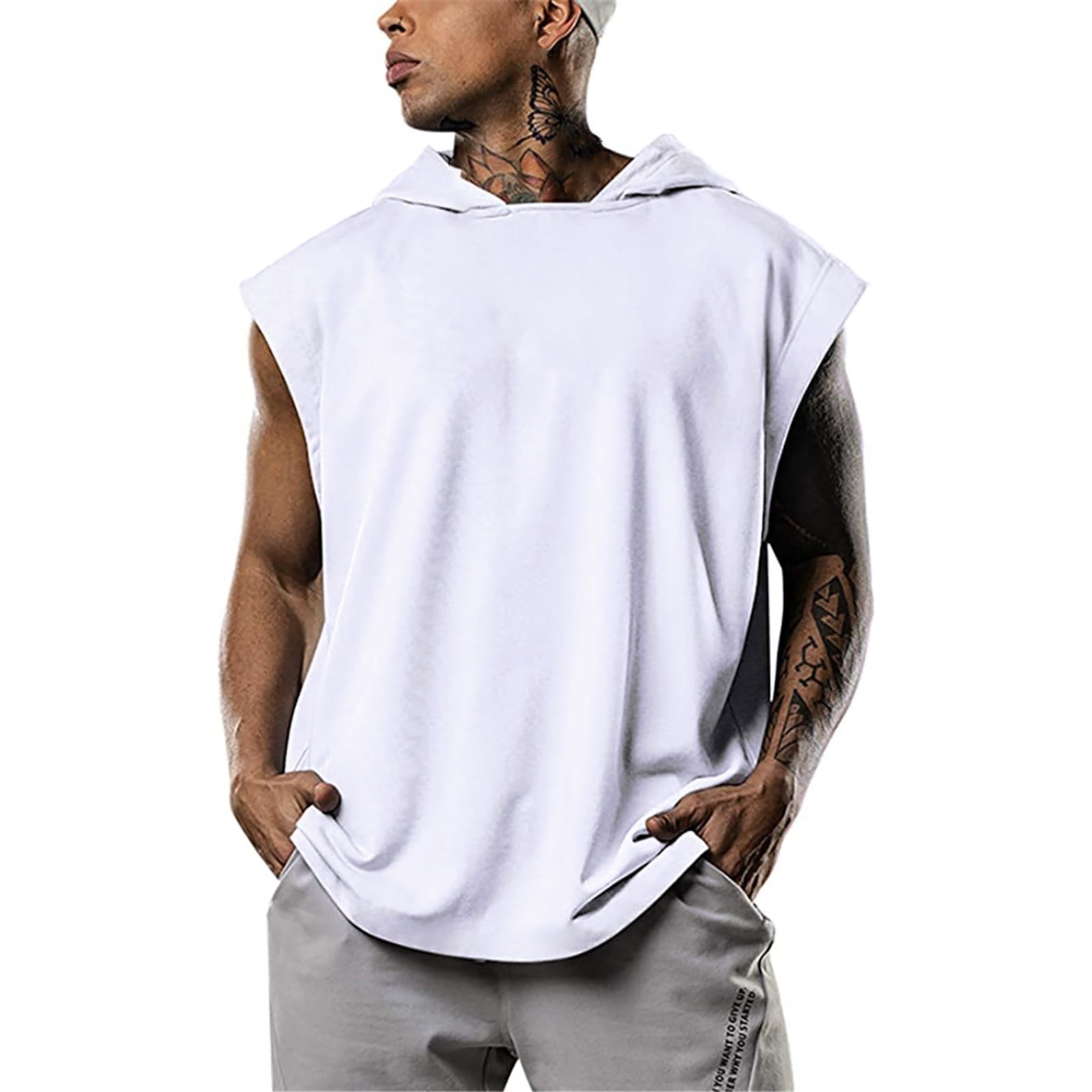 Bcfgryg Men Fitness Muscle Sleeveless Printed Hooded Bodybuilding Tops ...