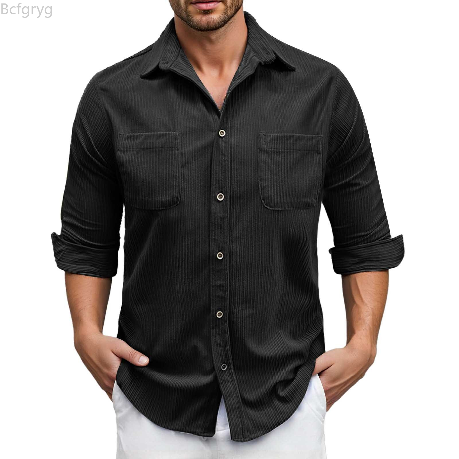 Bcfgryg Men's Casual Corduroy Shirt Long Sleeve Slim Fit Solid Color ...