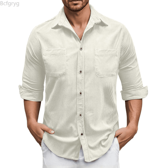 Bcfgryg Men's Casual Corduroy Shirt Long Sleeve Slim Fit Solid Color ...