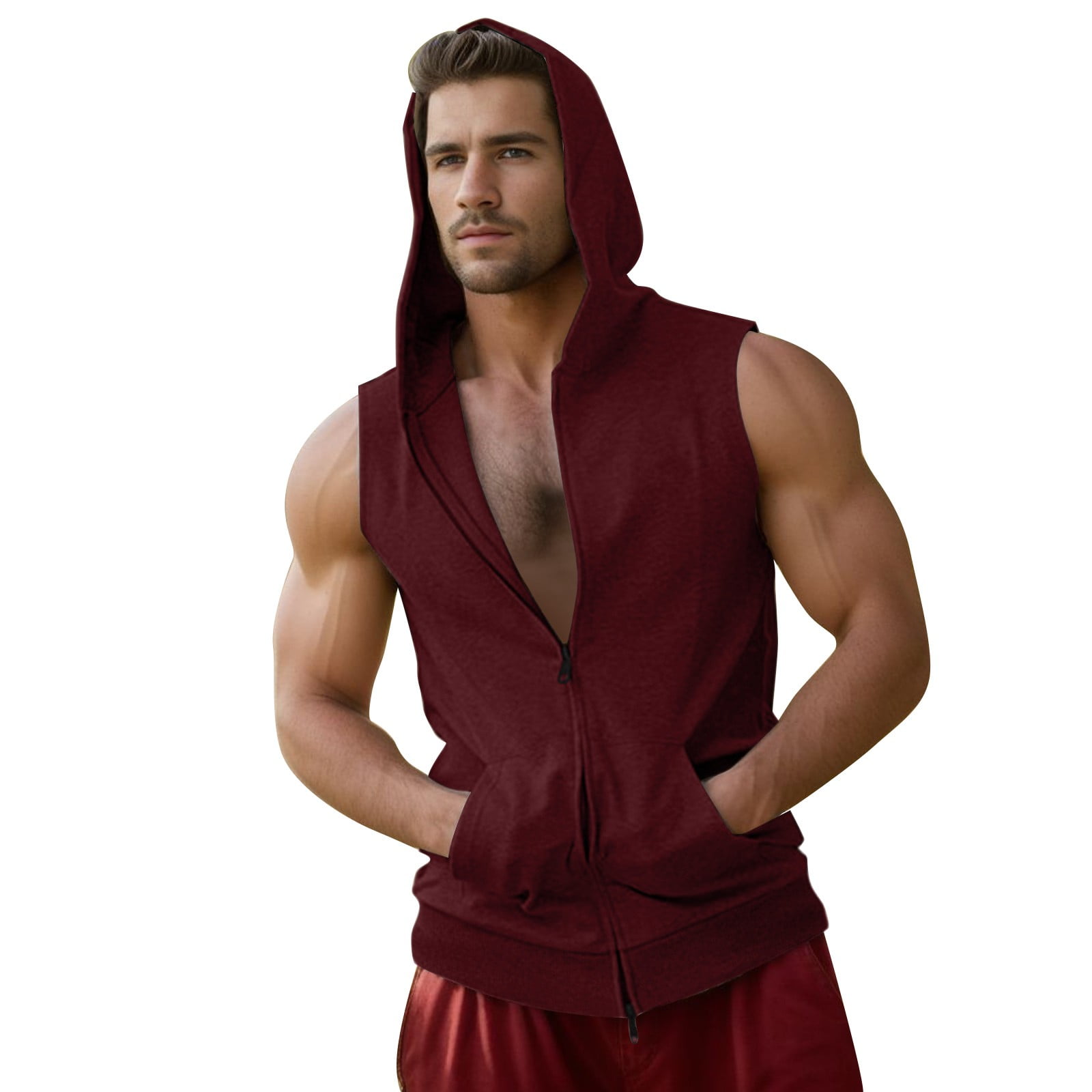 Bcfgryg Men's Casual Fitness Hooded Double Zipper Tank Tops Sleeveless ...