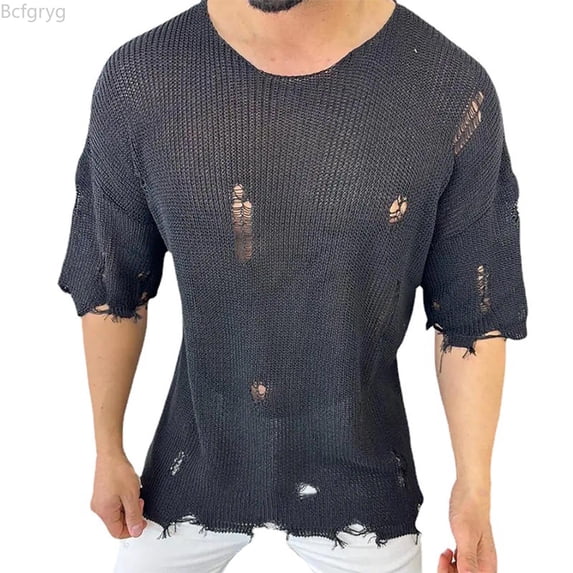 Bcfgryg Men's Hollow Out Round Neck Short Sleeve T Shirt Sheer Party ...