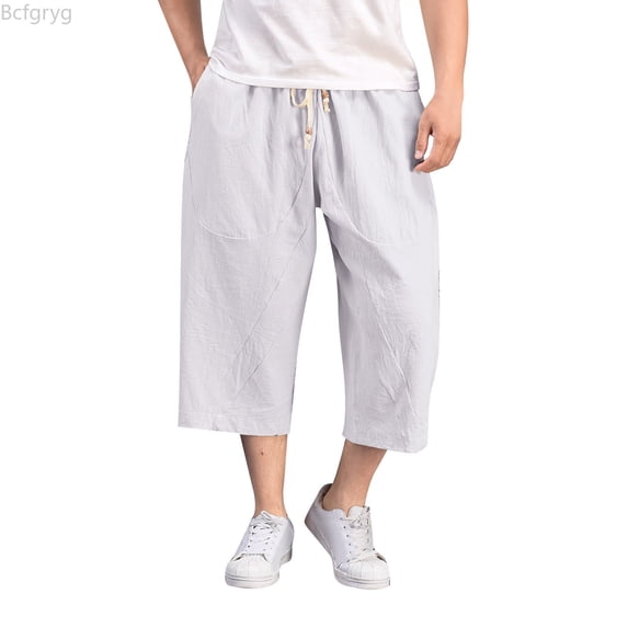 Bcfgryg Men's Linen Cotton Capri Pants Loose Fit Elastic Waist Wide Leg ...