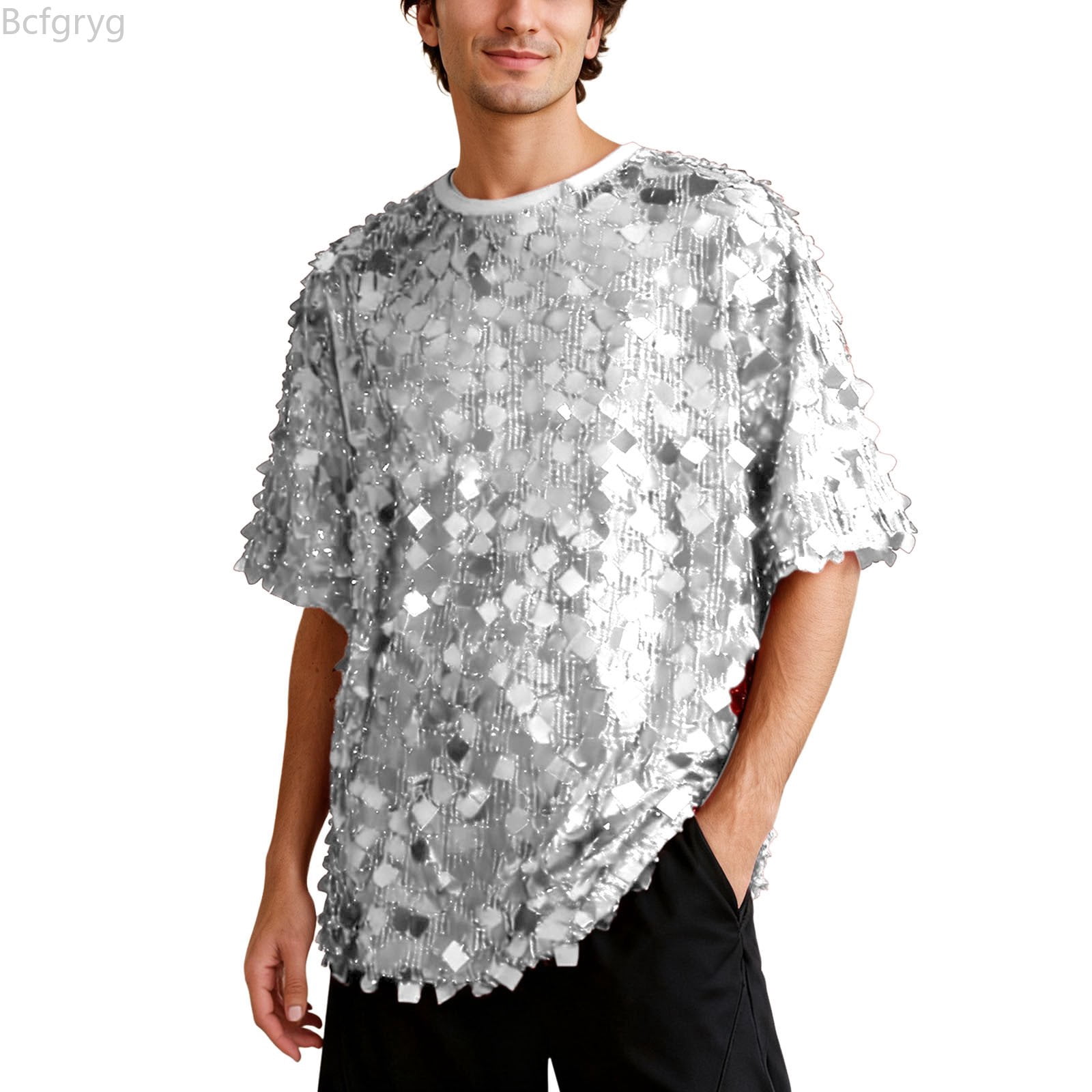 Bcfgryg Men's Shiny Shirts Short Sleeve Sparkly Tops Glitter T-Shirt ...