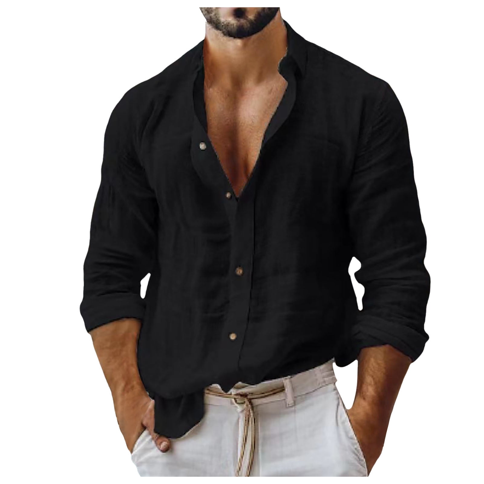 Bcfgryg Men's Solid Colour Cotton Linen Shirt Casual Style Slim Fit ...