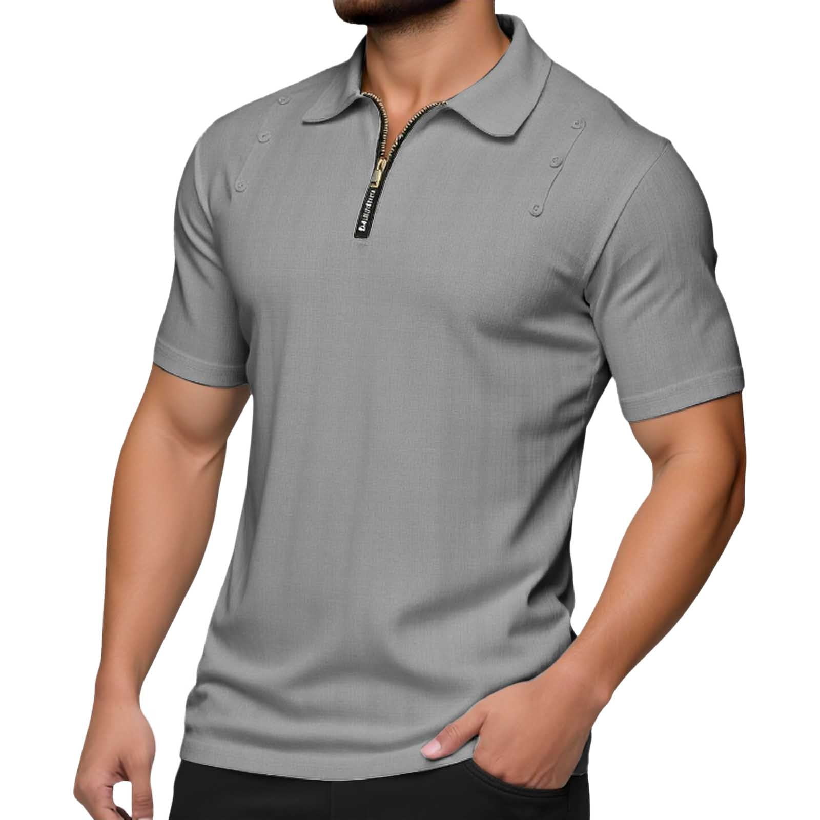 Bcfgryg Men's Summer Fashion Solid Color Zipper Lapel Short Sleeve ...