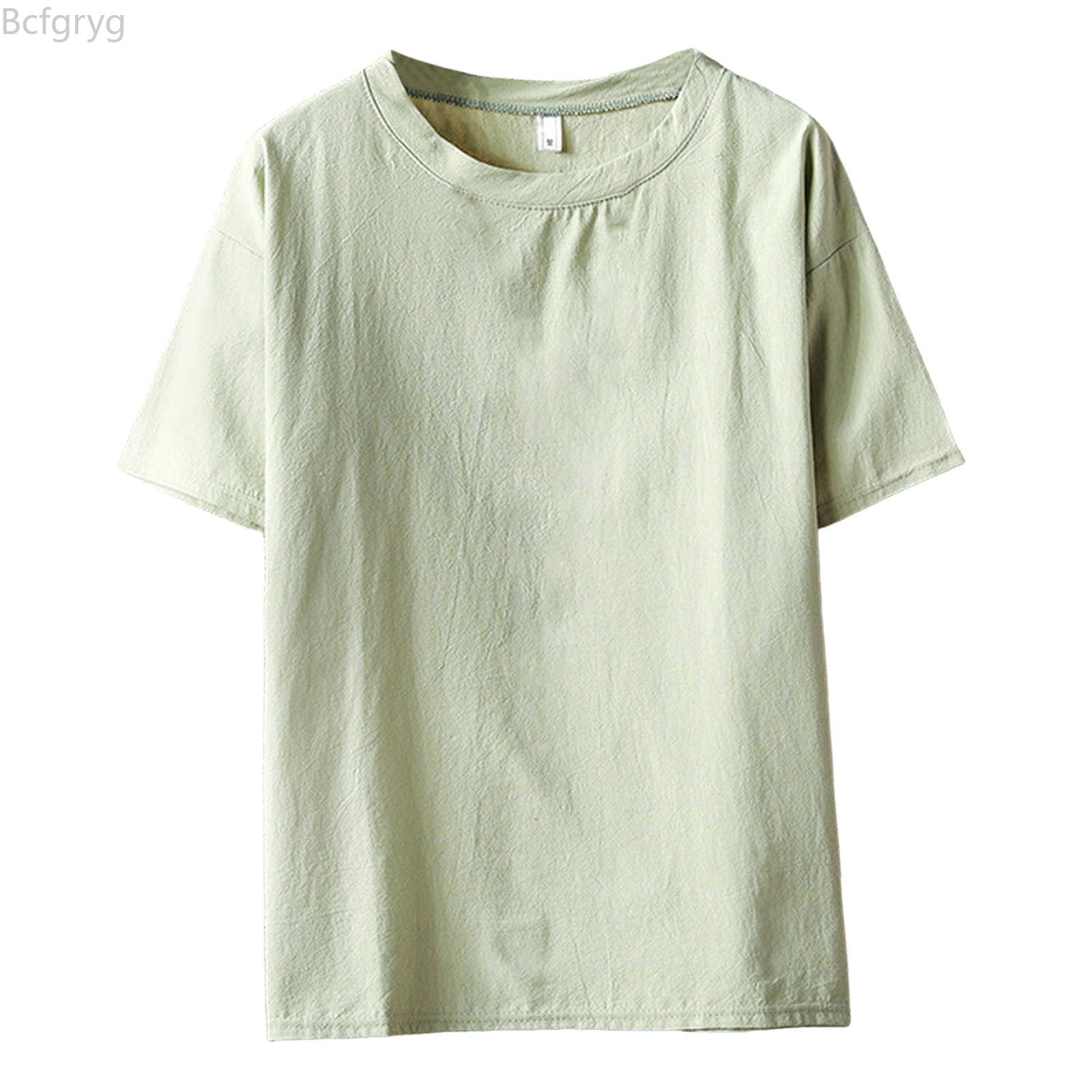 Bcfgryg Men's Summer New Solid Color Round Neck Linen Short Sleeved T ...