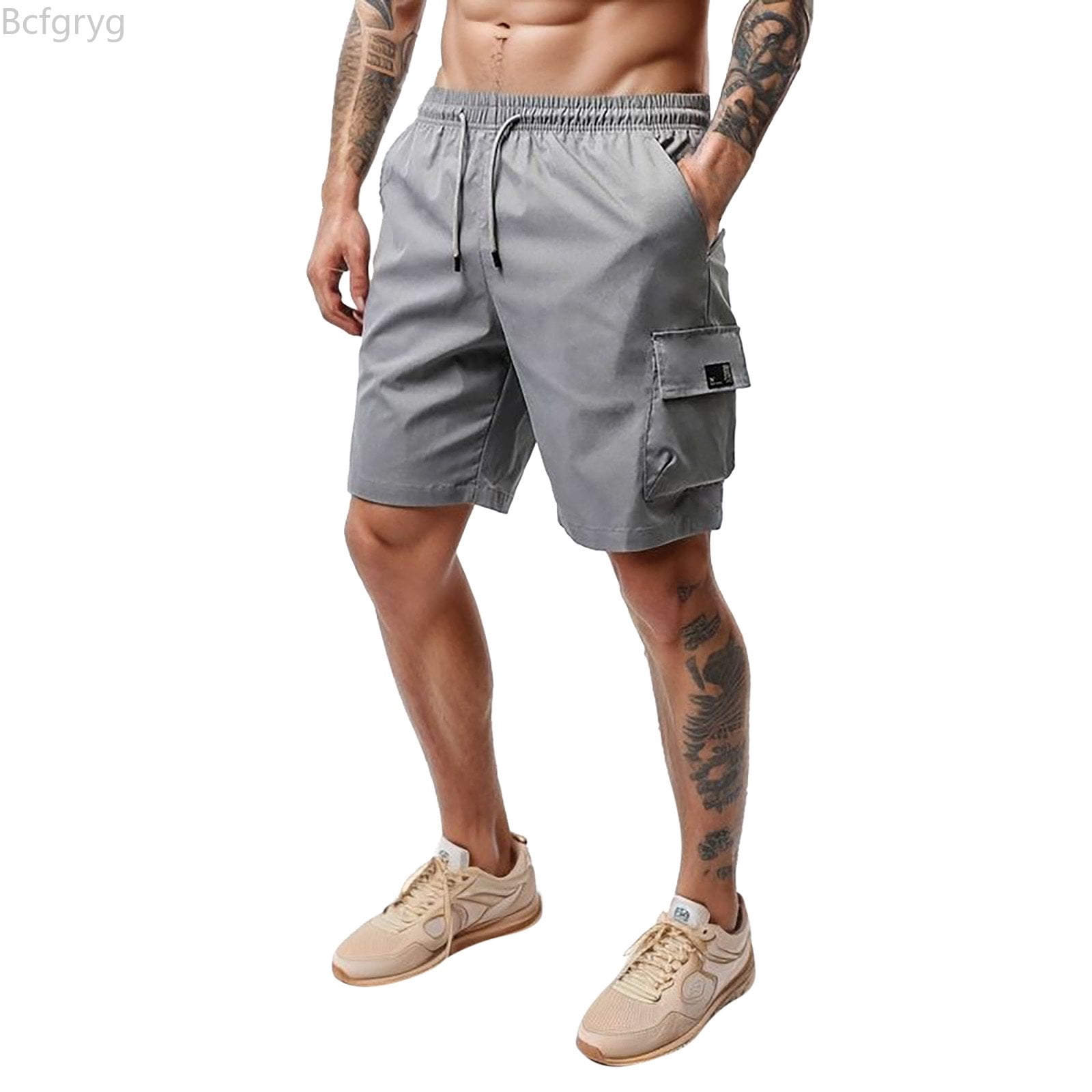 Bcfgryg Mens Casual Mid Waist Pant Short Cargo Pant Solid Splice Pocket ...