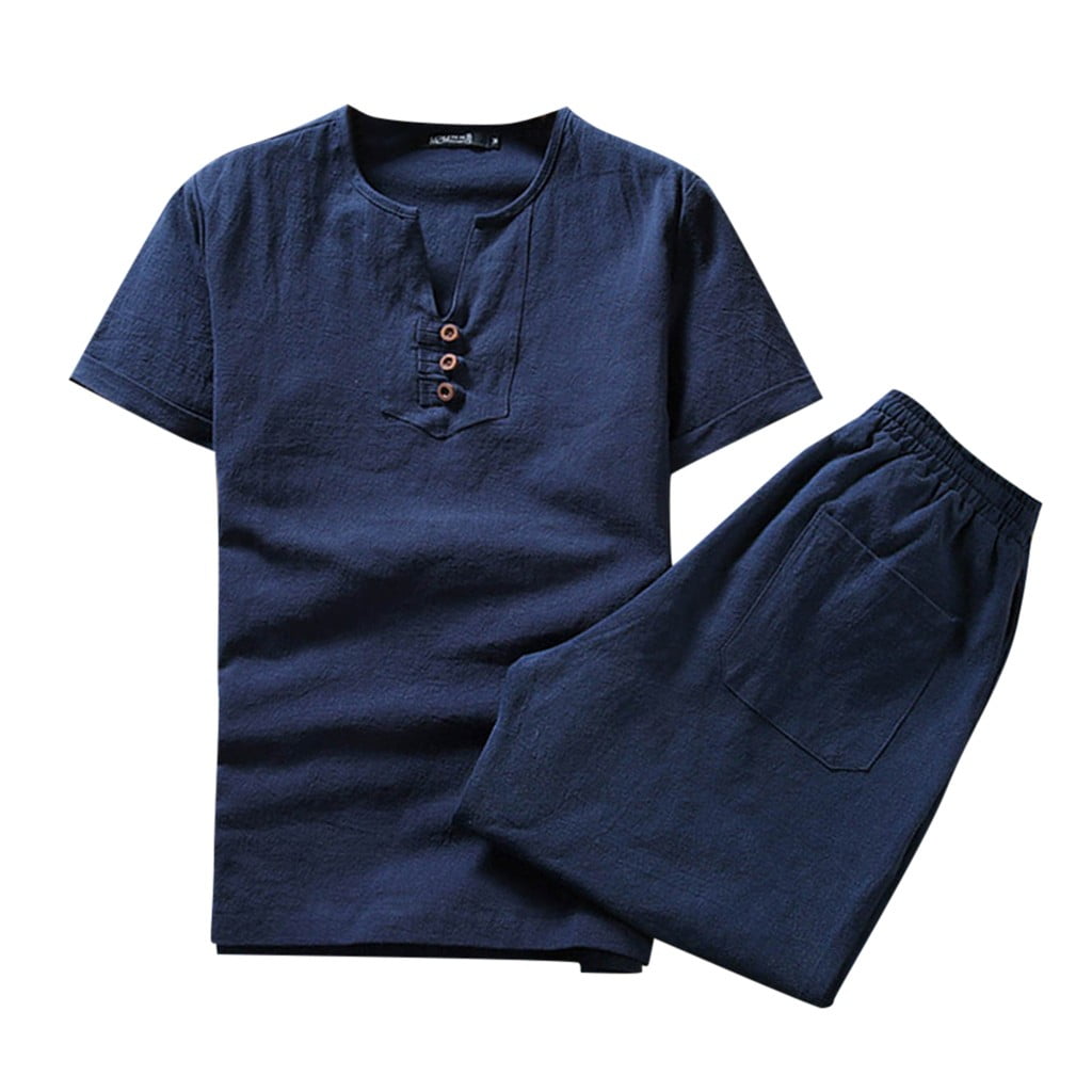 Bcfgryg Mens Cotton Linen Set Solid Color Short-Sleeved T-Shirt Large ...