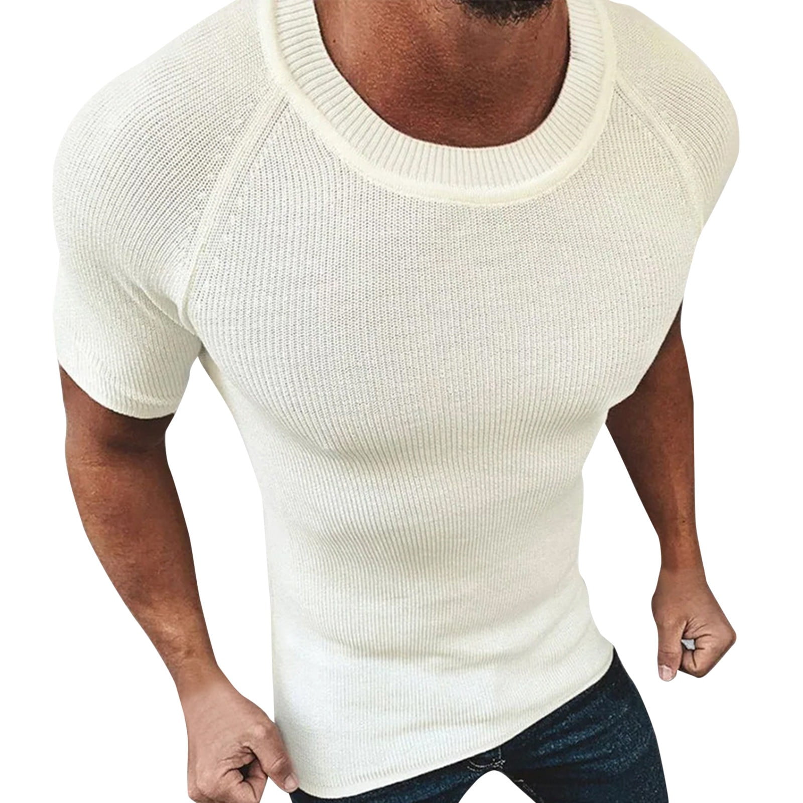 Bcfgryg Mens Knitted Shirt Solid Color Slim Fitting Short Sleeved ...