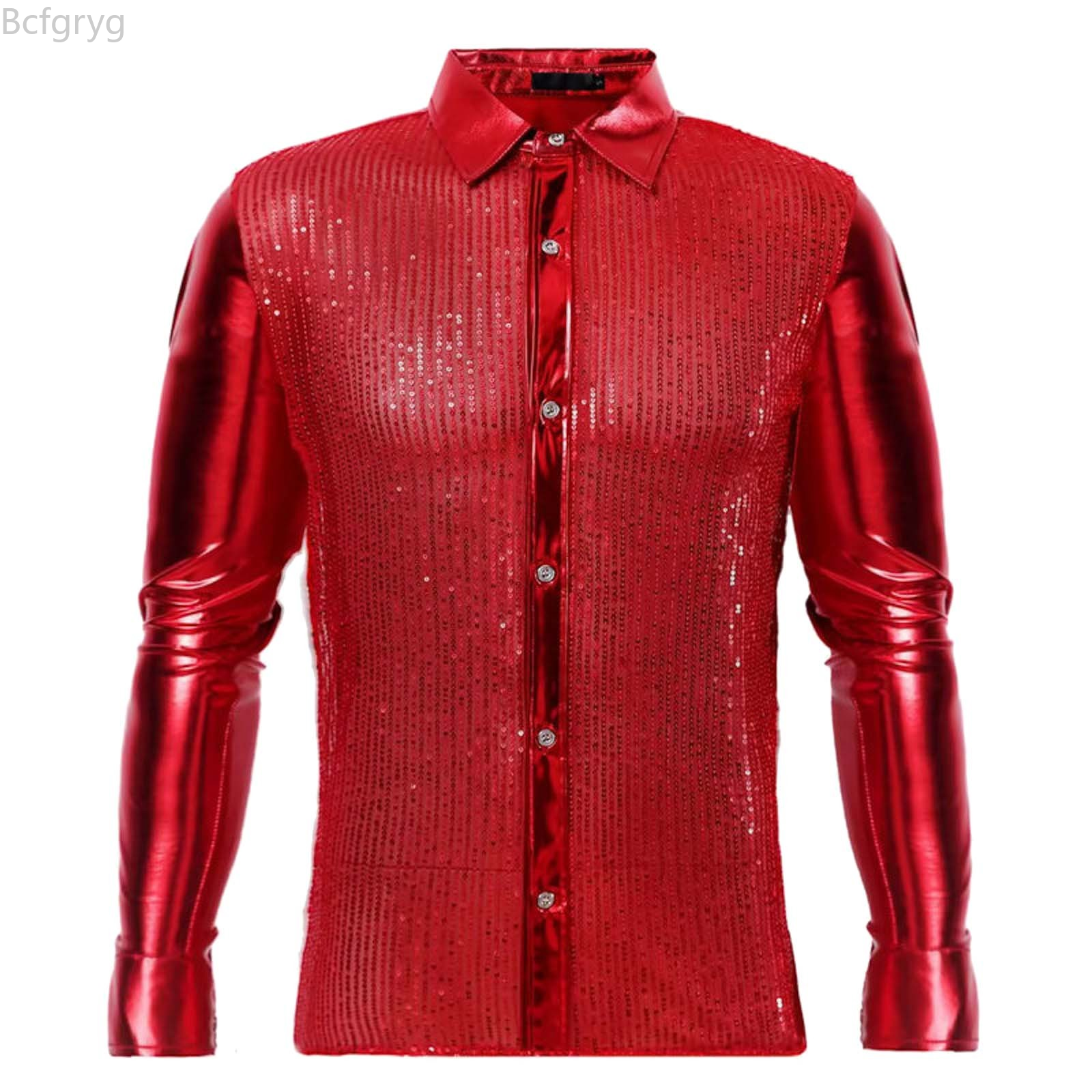 Bcfgryg Mens Personality Nightclub Style Bright Shirt Sequins Casual ...