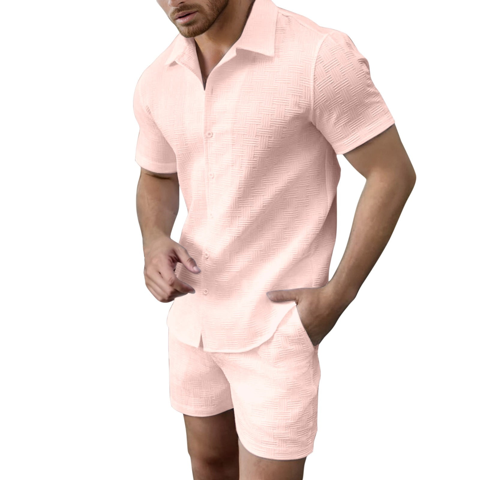 Bcfgryg Solid Color Jacquard Short Sleeved Shirt Shorts Men Business ...