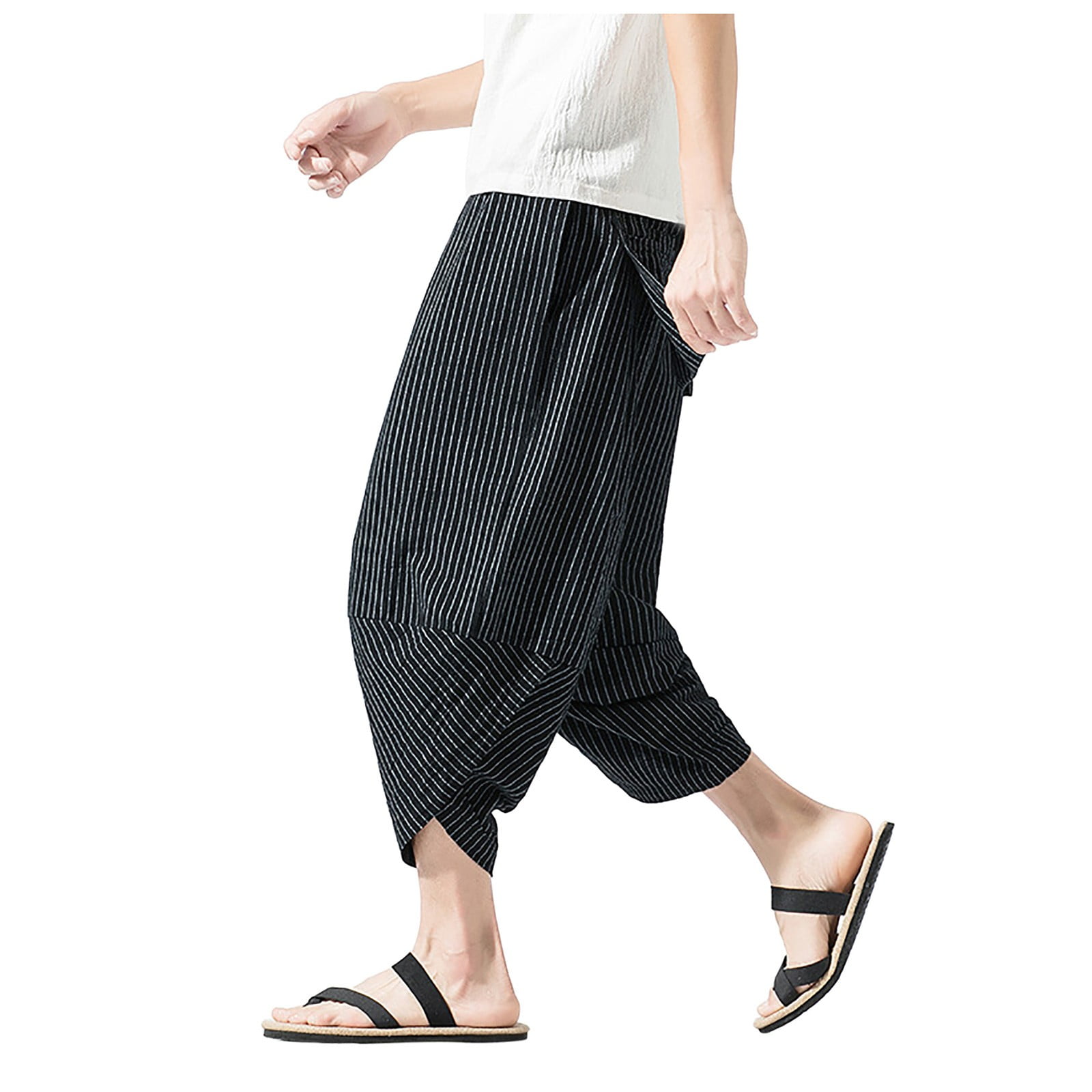 Bcfgryg Summer Cropped Pants Men's Retro Striped Casual Pants Trend ...