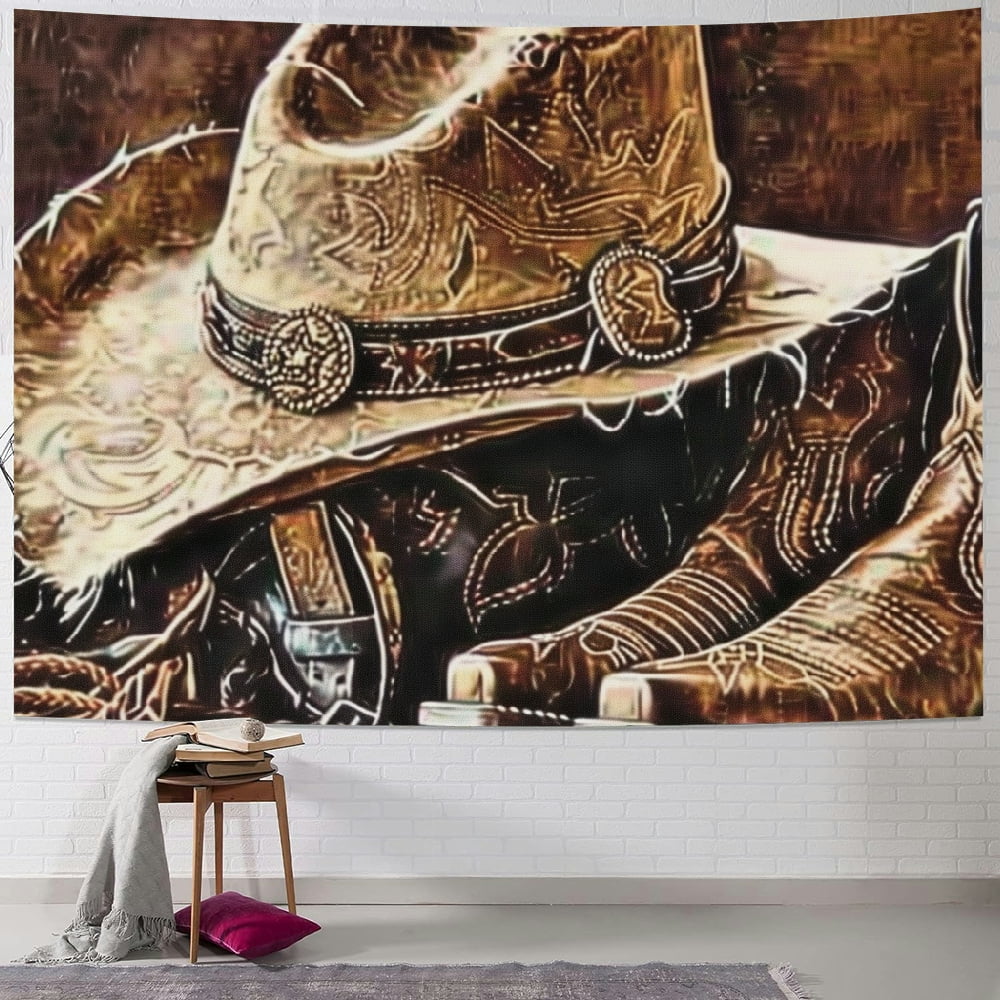 Bciig Cowboy Hat Boots Western Art Tapestry Wall Hanging Unique Style ...