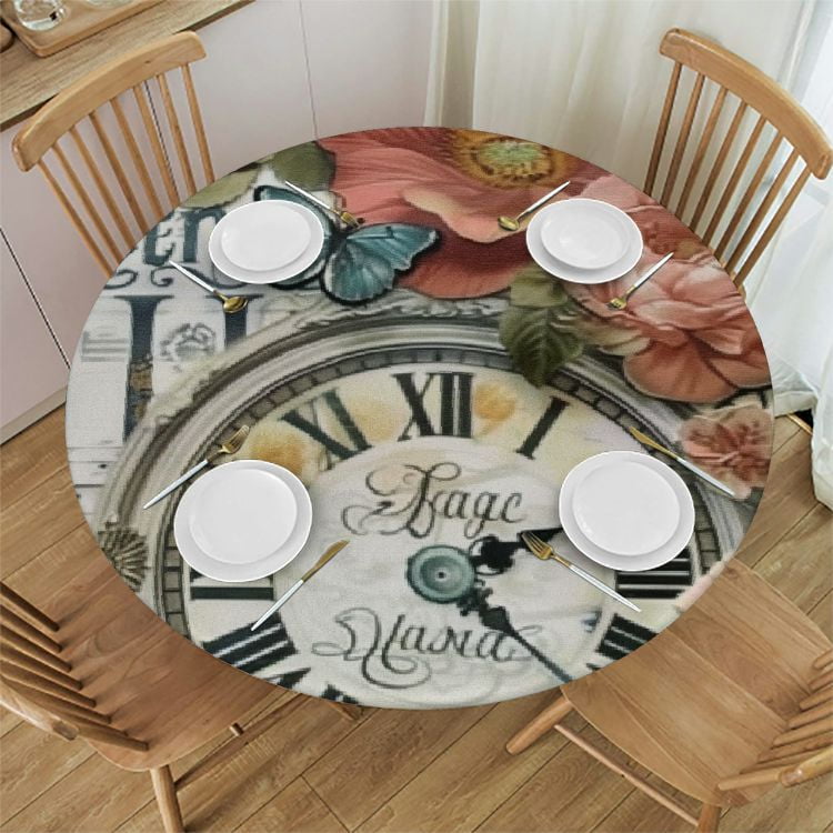 Bciig Flowers Butterflies Clock Round Table Cover Stain Resistant ...