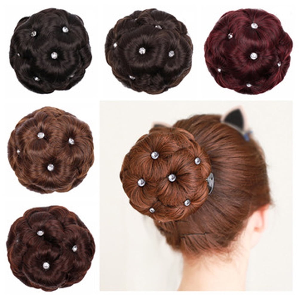 Bcloud 9 Flowers Faux Crystal Synthetic Bun Hair Extension Elastic ...