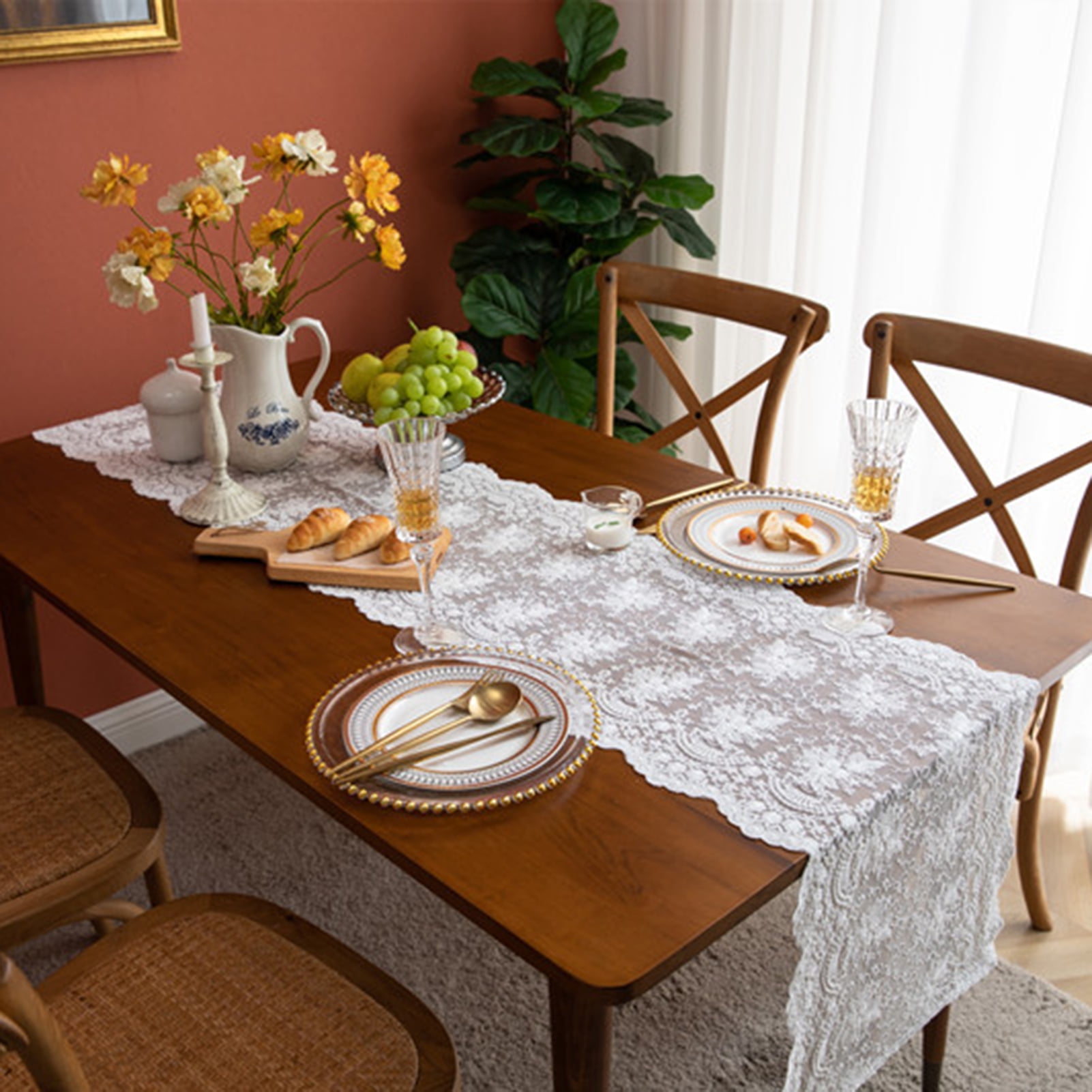 Bcloud Table Runner Floral Print White Lace Embroidered Romantic French ...