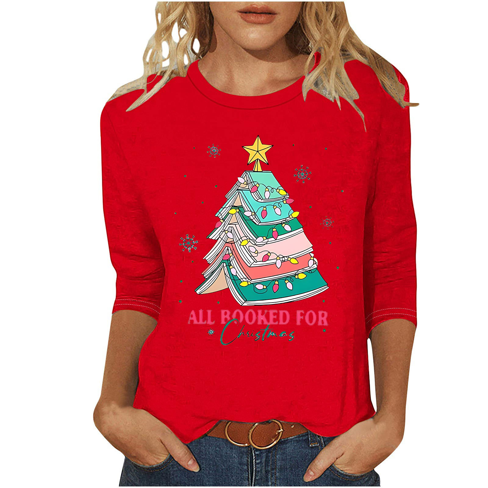 Bcresic Book Xmas Tree Tshirts for Women Trendy 3/4 Sleeve Pullover ...