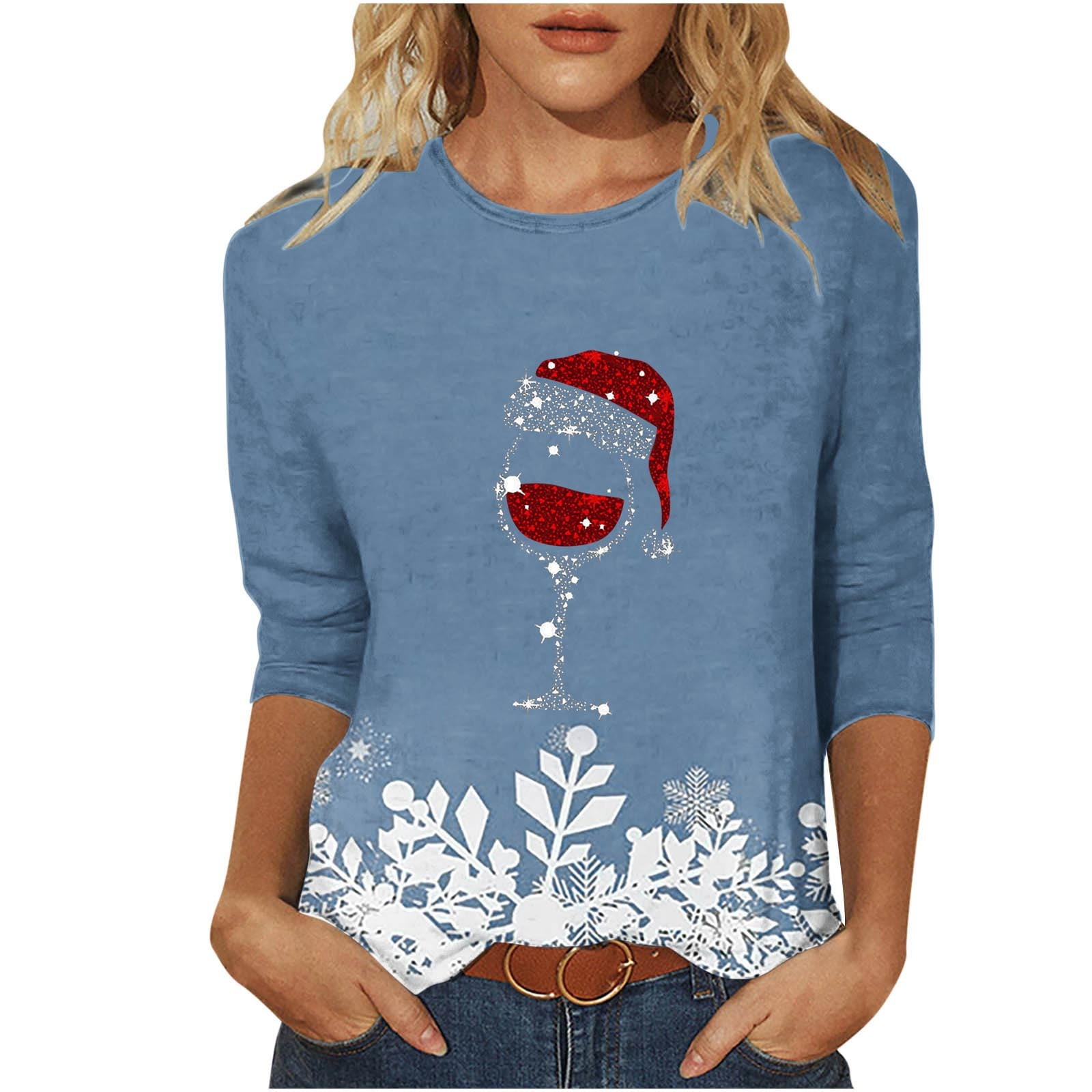Bcresic Christmas Shirt Womens Xmas Hat Red Wine Glass Graphic T-Shirts Cute Snowflake ...