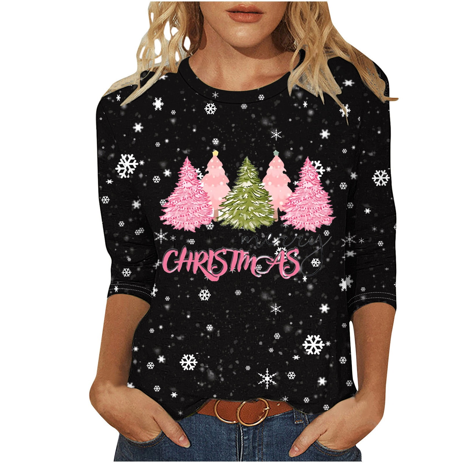 Bcresic Christmas Shirts for Women 3/4 Sleeves Tunic Tops Trendy Round ...