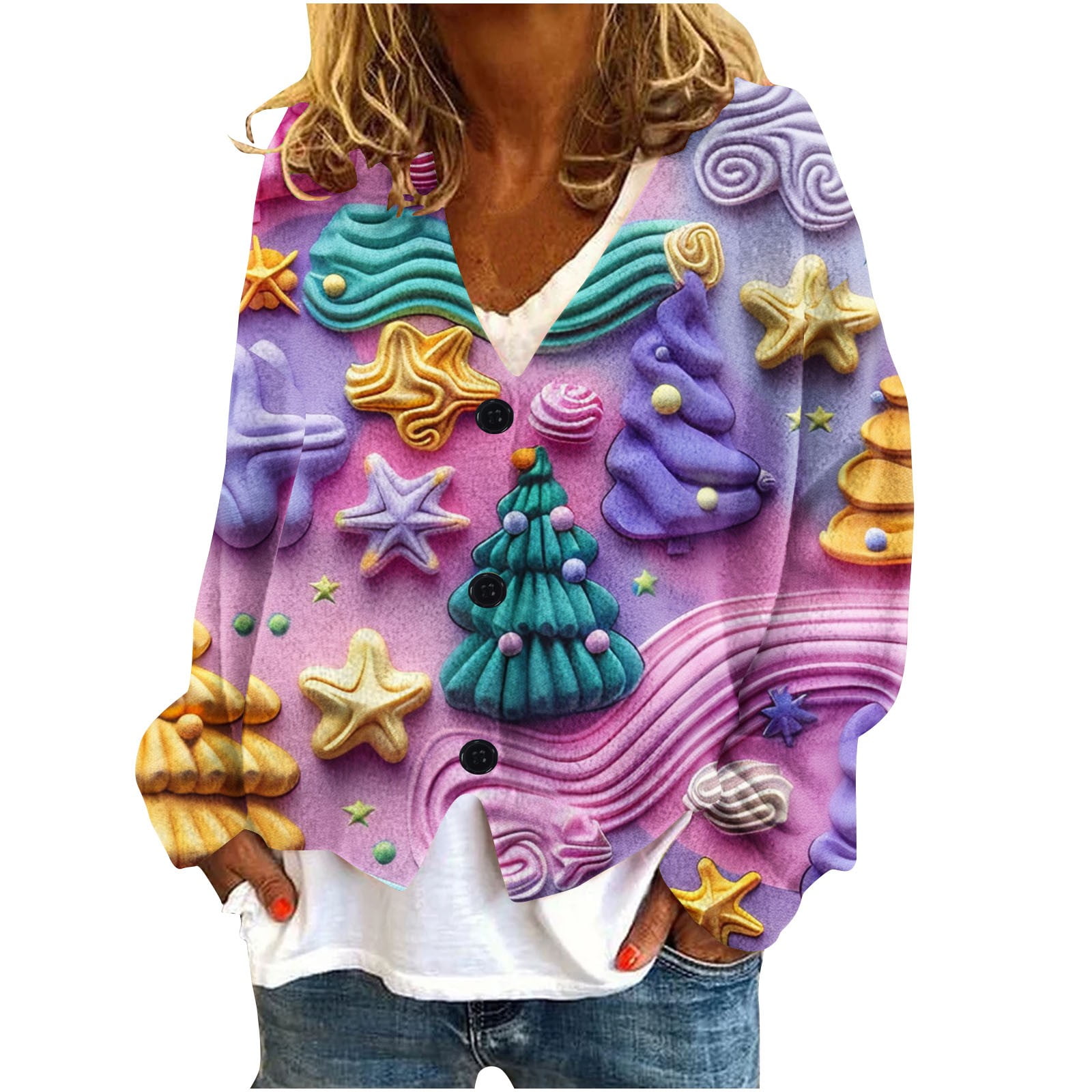 Bcresic Christmas Womens Open Front Cardigan Shirt 3D Print Santa Xmas ...