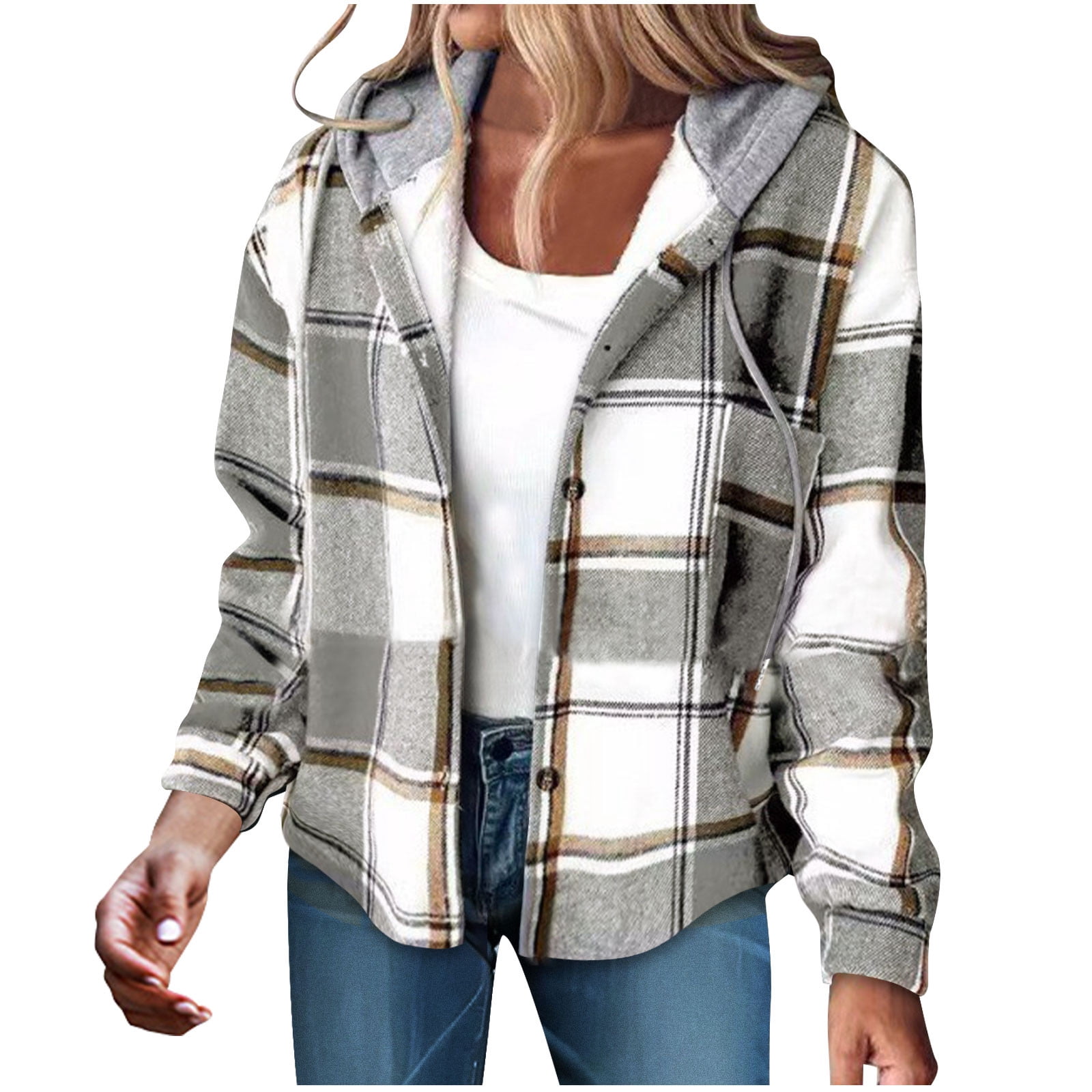 Bcresic,Womens Flannel Plaid Hoodie Jacket Shacket Long Sleeve Button ...