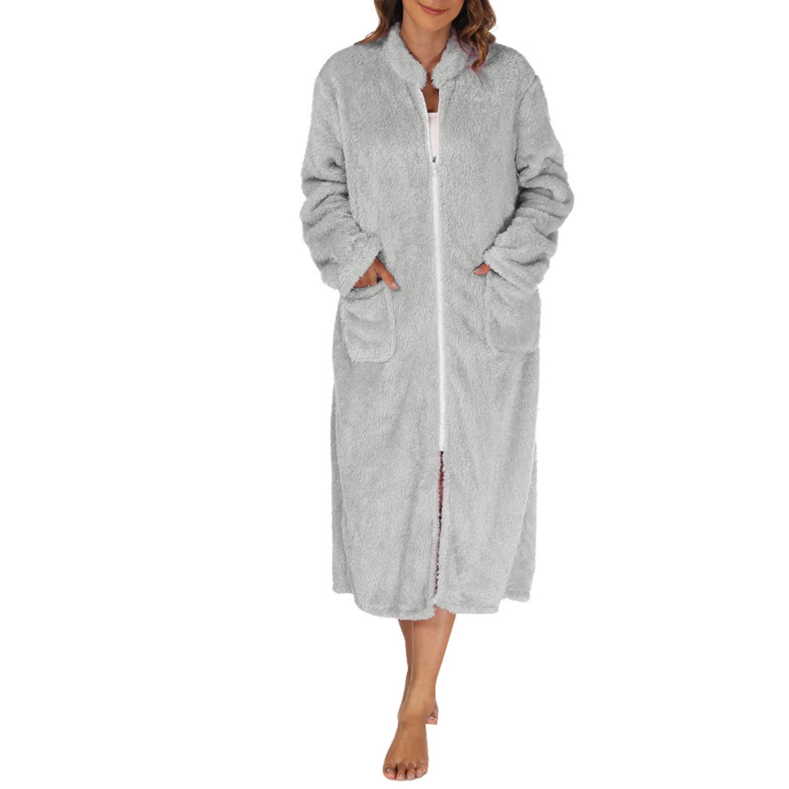 Bcresic Clearance Womens Flannel Robe Zip Front Bathrobe Fleece Long Pajamas with Pockets Winter ...