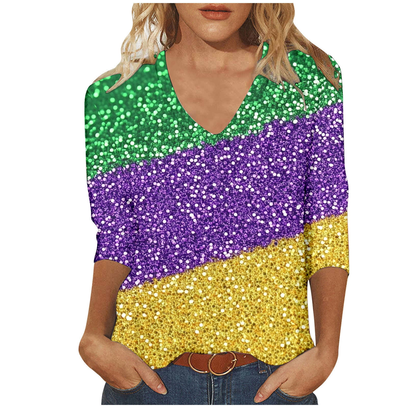 Bcresic Mardi Gras Shirts for Women 3/4 Sleeve Mask Graphic Blouse ...