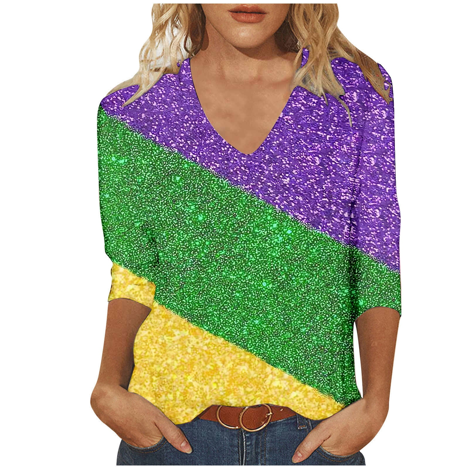 Bcresic Mardi Gras Shirts for Women 3/4 Sleeve Mask Graphic Blouse ...