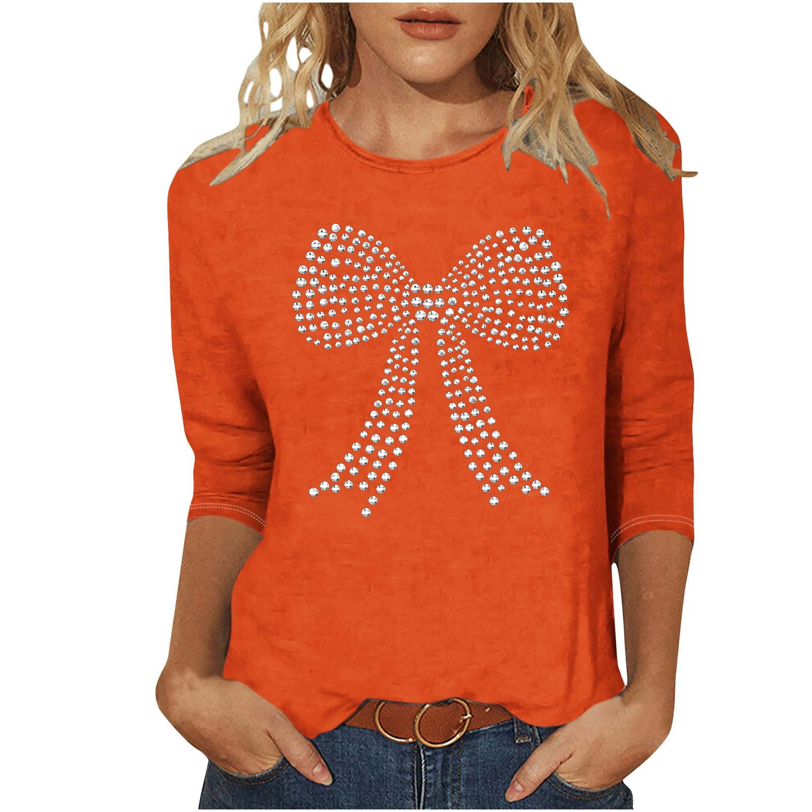 Bcresic Diamond Bow Shirt for Women 3/4 Sleeve Pullover Shirts Casual ...