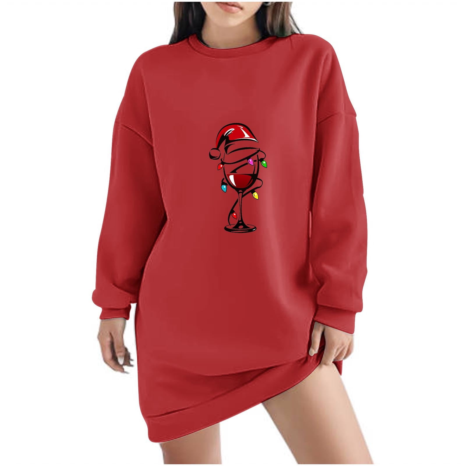 Bcresic Fall Clearance,Women's Funny Red Wine Glass Christmas Dresses Casual Long Sleeve ...