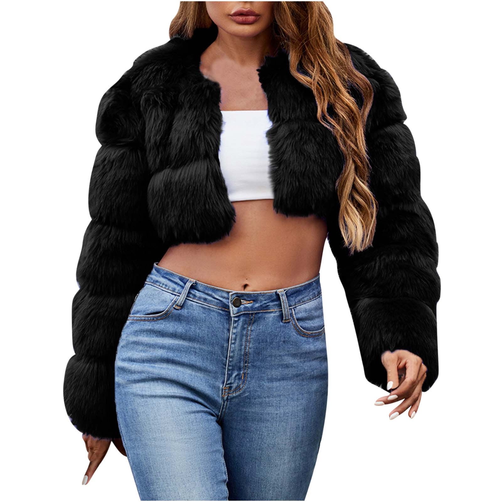 Bcresic Flash Deals,Furry Crop Jackets for Women Shaggy Crew Neck Cropped Winter Coat Fluffy ...