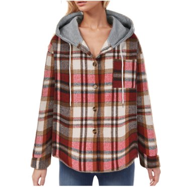 MOSHU Women's Hooded Plaid Flannel Shacket Jacket with Pocket, Button ...