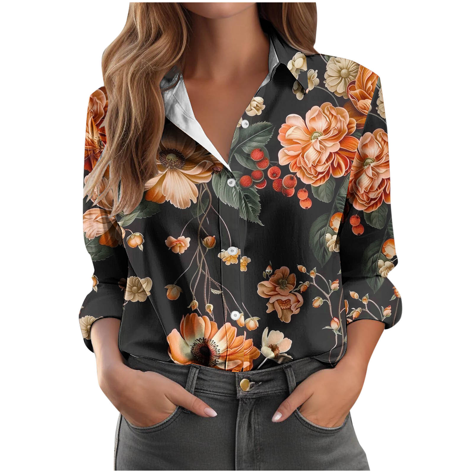 Bcresic Floral Button Up Shirts Women Lightweight Long Sleeve Blouses ...