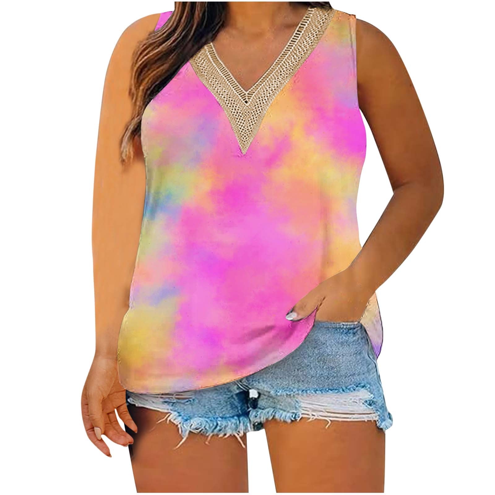 Bcresic Lace V Neck Tank Tops for Women Plus Size,Ladies Tie Dye Tanks Casual Sleeveless Tunic ...