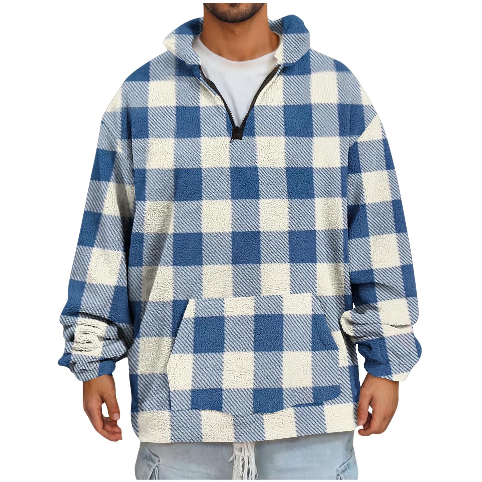 Bcresic Men Plaid Sweatshirts Polar Fleece Pullover Tops Trendy Stand ...
