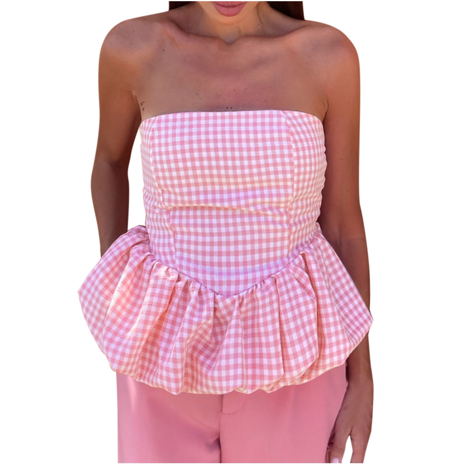 Bcresic Saving Women's Plaid Ruffle Tube Top Summer Strapless Bandeau ...