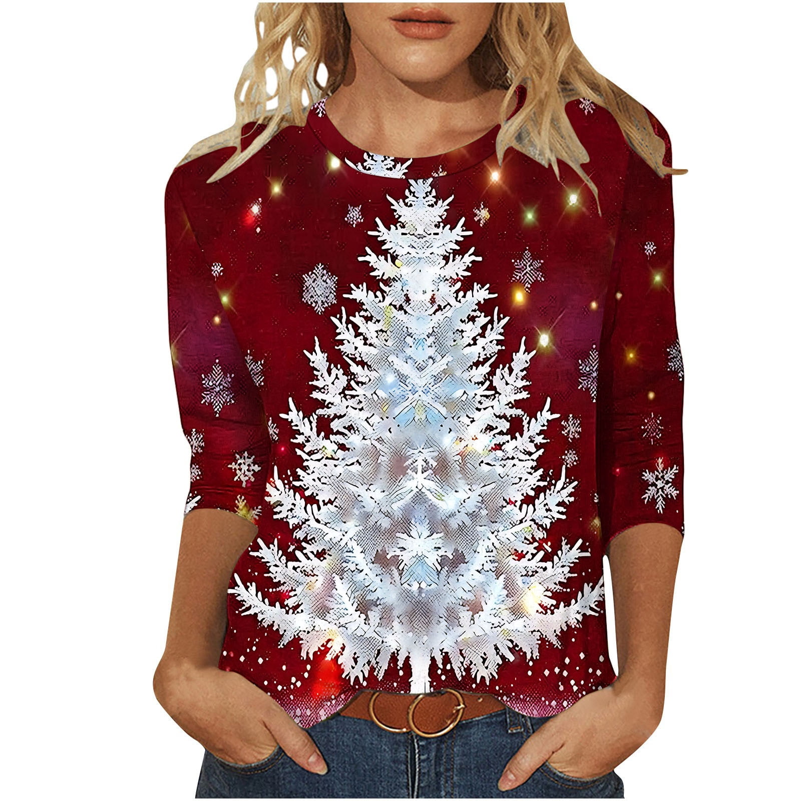 Bcresic Tops for Christmas Women Trendy 3/4 Sleeve Tshirts Cute Glitter ...