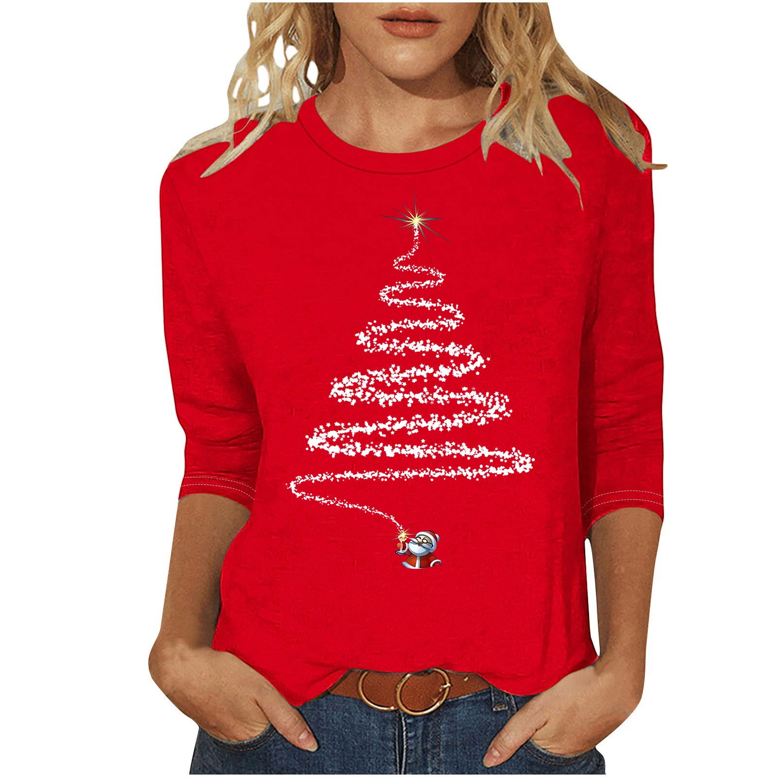 Bcresic Women Glitter Xmas Tree Shirt Print Basic Tee Christmas Shirts for Juniors Girls Trendy ...