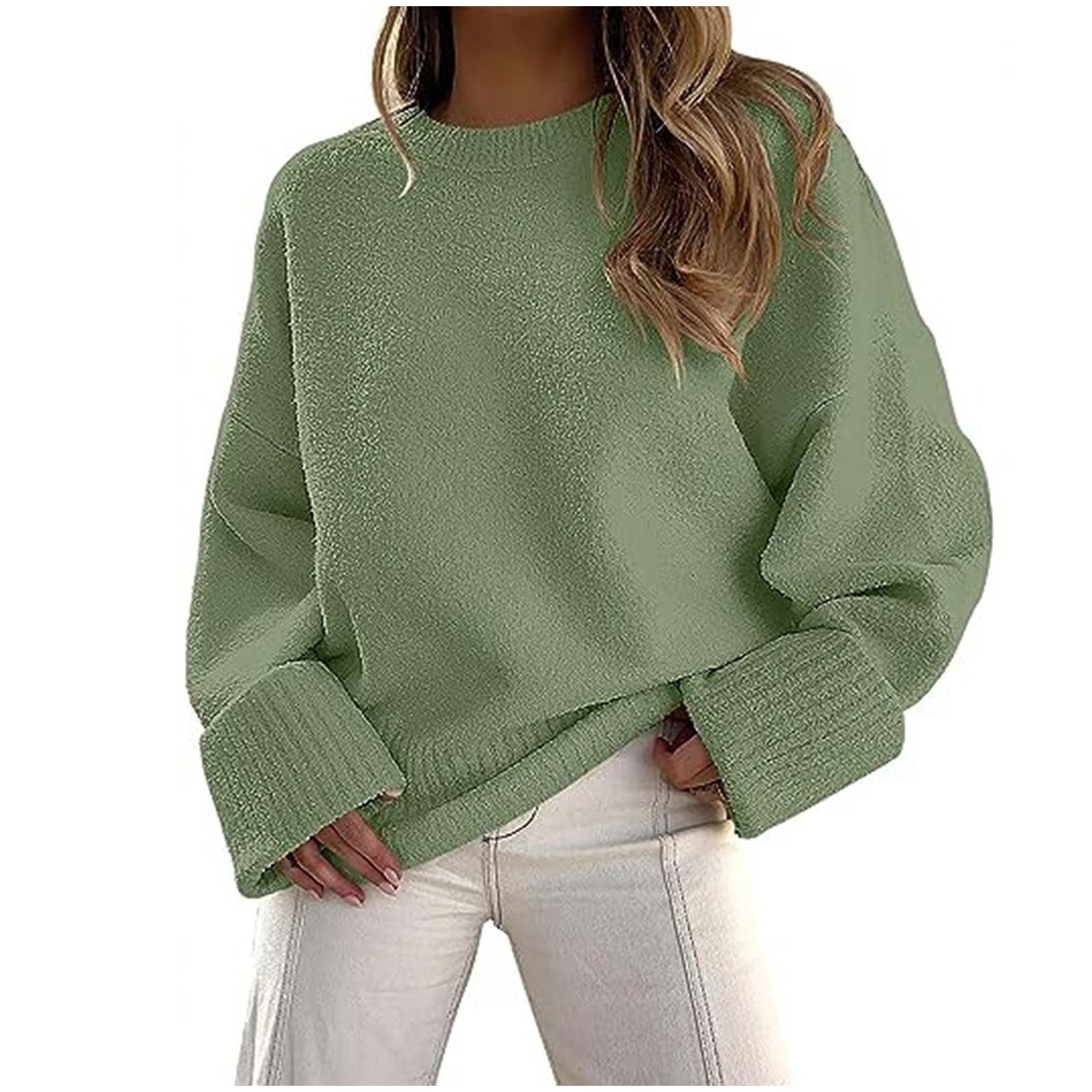 Bcresic Women's Oversized Sweater Crewneck Long Sleeve Fuzzy Knit ...