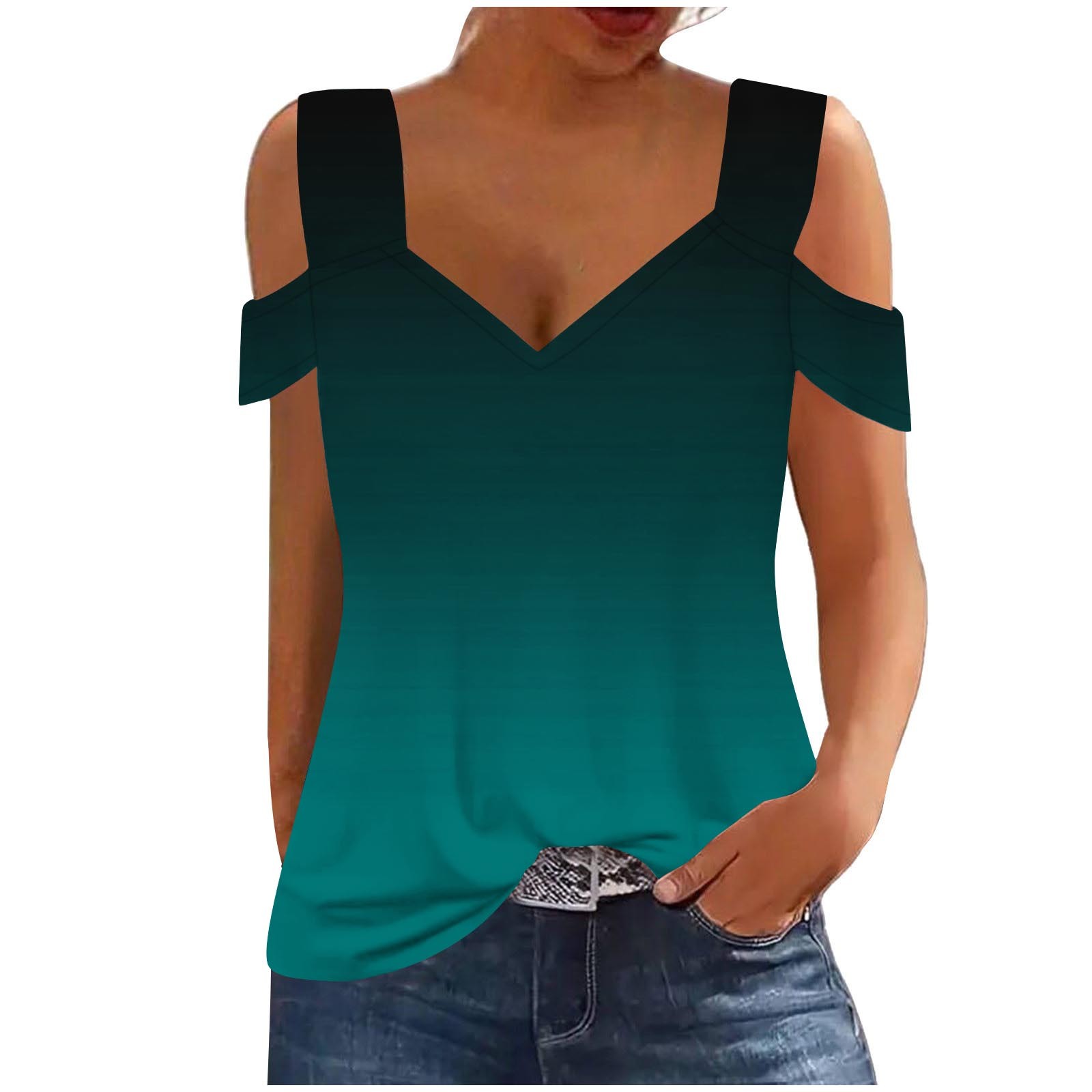 Bcresic Womens Cold Shoulder Shirts Gradient Ombre Color T Shirts Sexy ...
