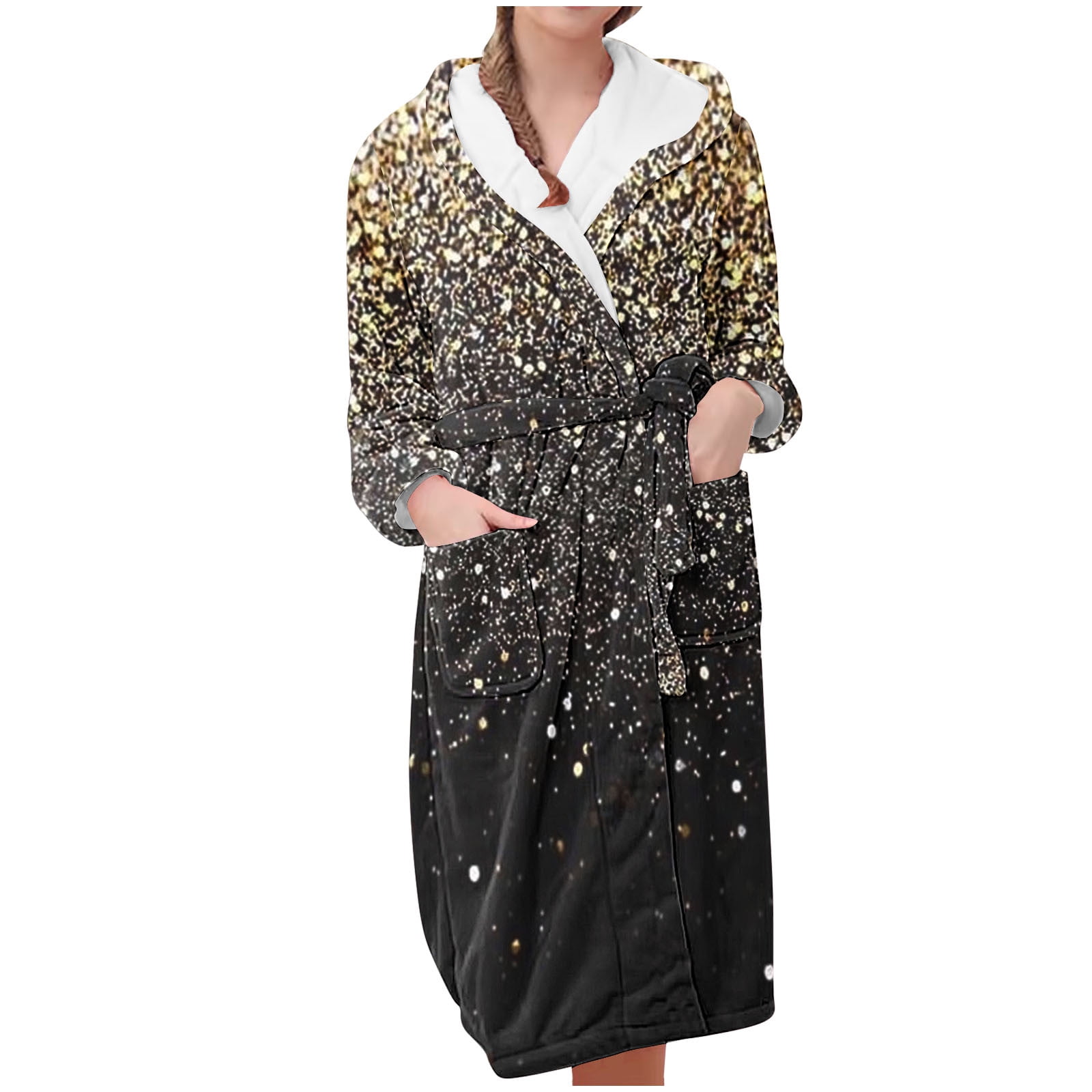 Bcresic Womens Robes Plush Fleece Bathrobe Flannel Hooded Pajamas Thick Nightgown with Pockets ...