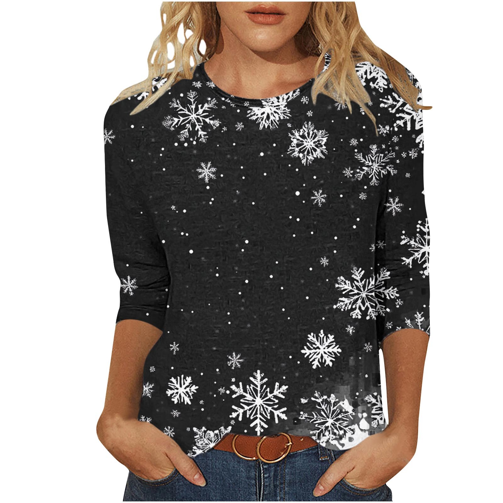 Bcresic Xmas Snowflake 3/4 Sleeve Shirts for Christmas Womens Casual ...
