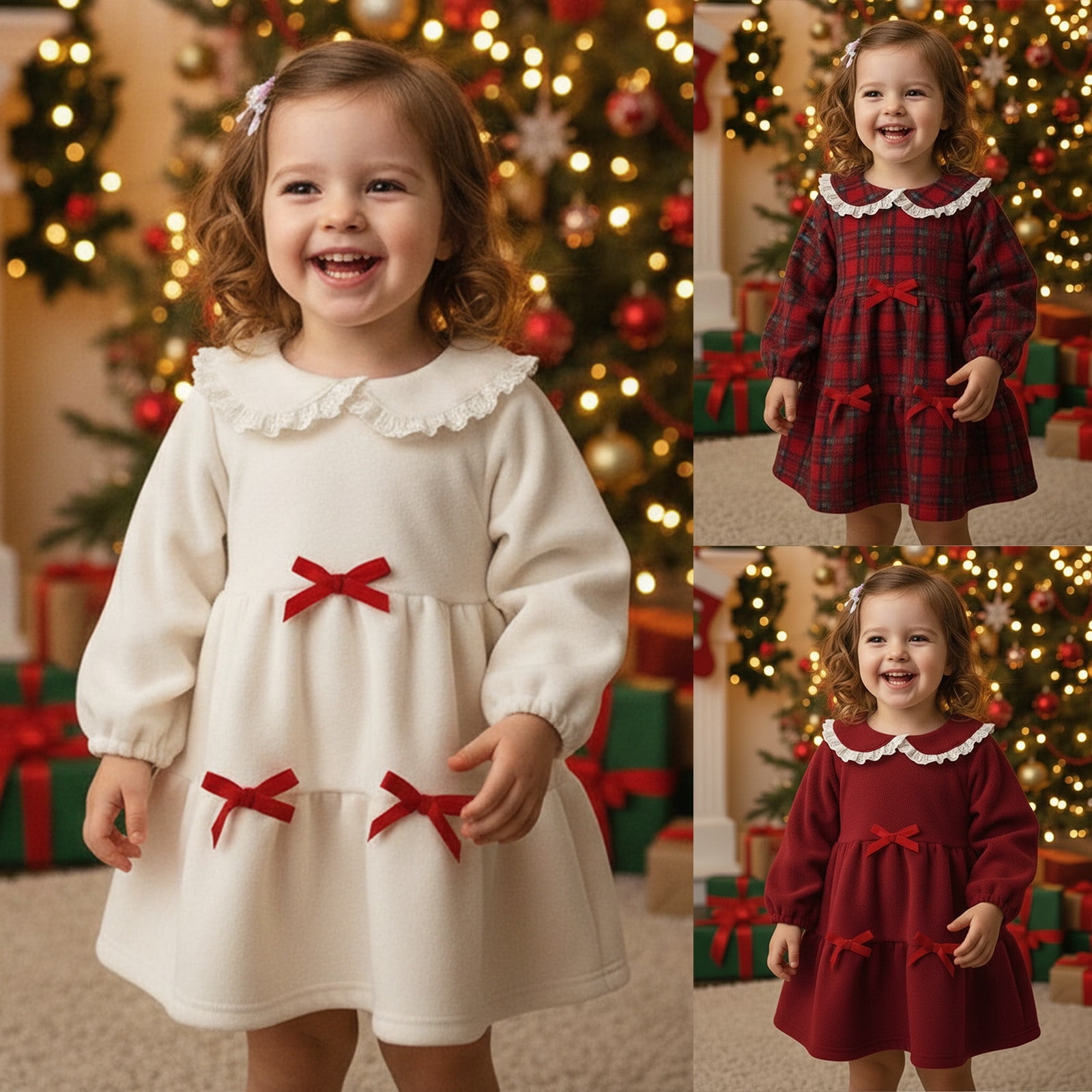 BdTemWBs Cute Baby Girls Santa Christmas Dress with Red Ribbon Bow Long ...