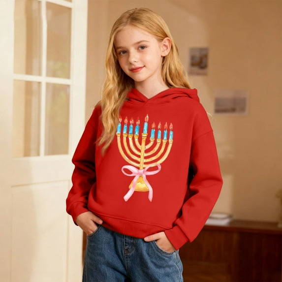 BdTemWBs Kids Hanukkah Menorah Print Hooded Sweatshirt, Long Sleeve ...