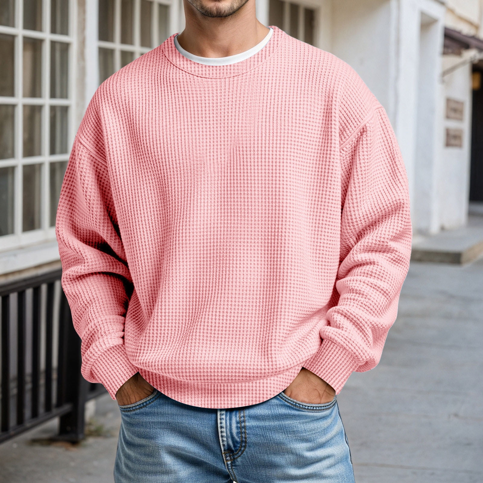 BdTemWBs Mens Solid Waffle Knit Sweatshirt Casual Long Sleeve Pullover ...