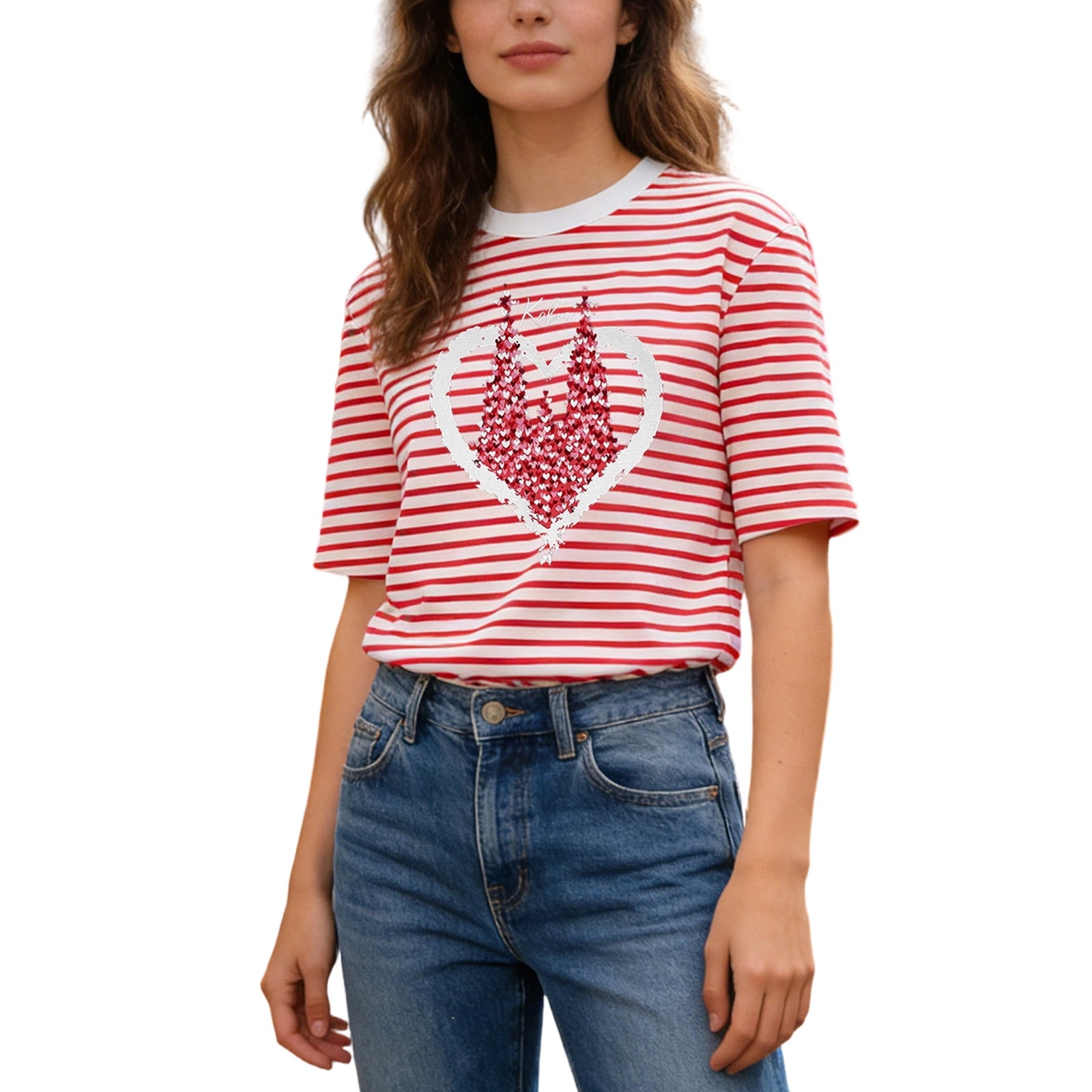 BdTemWBs Red and White Striped T Shirt Women Soft Crew Neck Casual ...