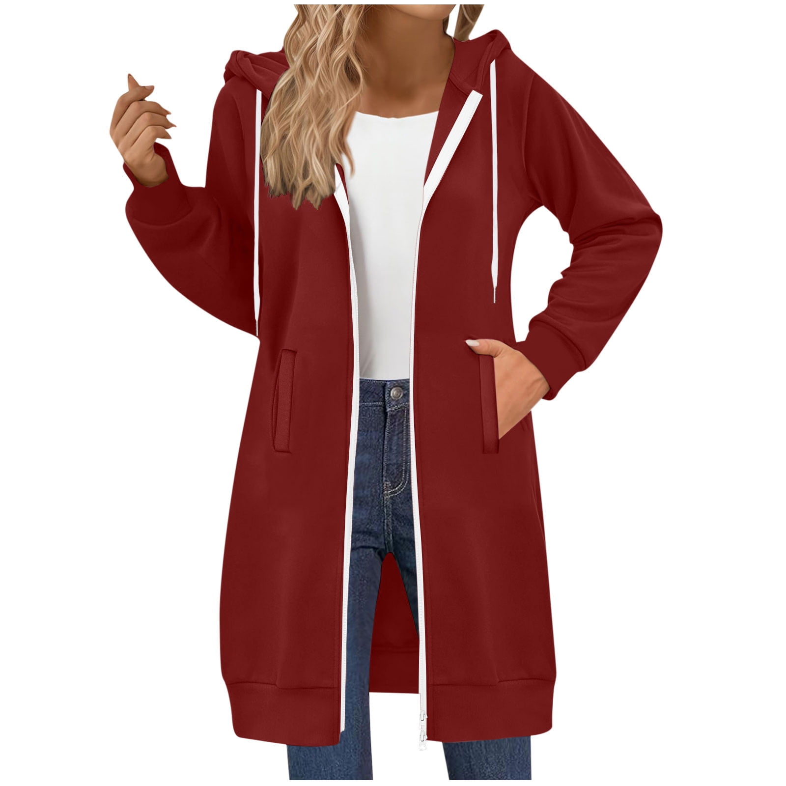 Bdfzl Long Sweatshirt For Women Drawstring Hooded Zip Up Tunic Jacket ...